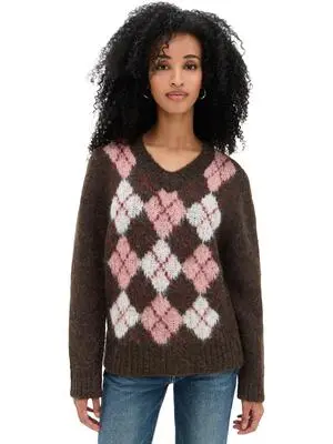 DUNST Argyle V-neck Sweater - Brown
