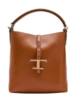 TOD'S T-plaque Grained Leather Top Handle Bag Tan
