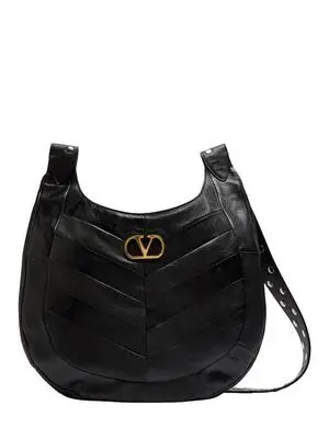 Valentino Garavani Logo-plaque Chevron Leather Hobo Bag - Black
