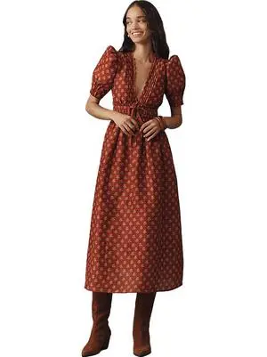 LOVAAN Boehm Linen-silk Puff-sleeve V-neck Midi Dress - Auburn Rose