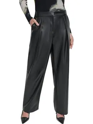 Dkny Pleated Faux Leather Wide Leg Pants - Black