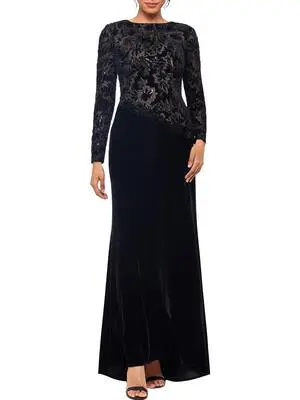 Betsy & Adam Sequin And Floral Velvet Gown - Black/nude