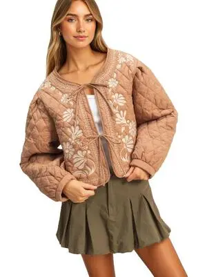 KNIT & LOUNGE Quilted Floral Embroidered Tie-front Jacket - Tan