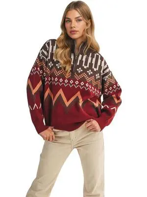 KNIT & LOUNGE Half-zip Geometric Knit Sweater - Rust/terracotta