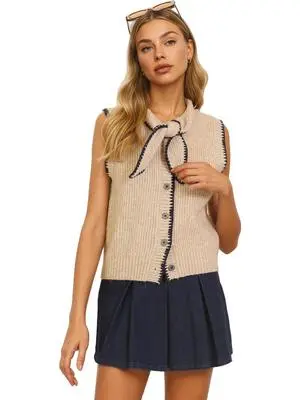 KNIT & LOUNGE Sleeveless Knit Vest With Contrast Trim And Bow Detail - Beige/navy Trim