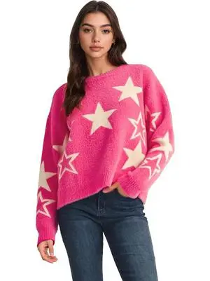 KNIT & LOUNGE Cozy Star Pattern Soft Knit Sweater Pink /white Stars