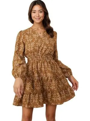 KNIT & LOUNGE Long Sleeve Smocked Tiered Mini Dress - Brown Floral Print