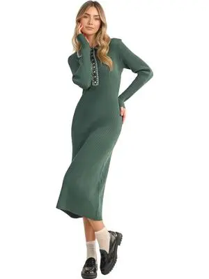KNIT & LOUNGE Collared Ribbed Knit Midi Dress With Contrast Stitching - Green