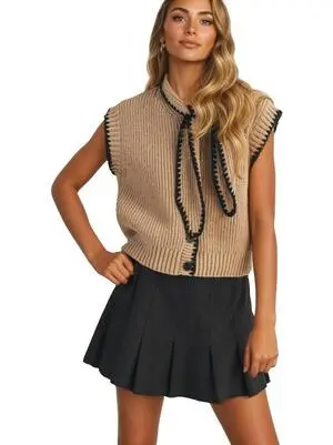 KNIT & LOUNGE Contrast Trim Knit Vest With Tie Detail - Tan/black
