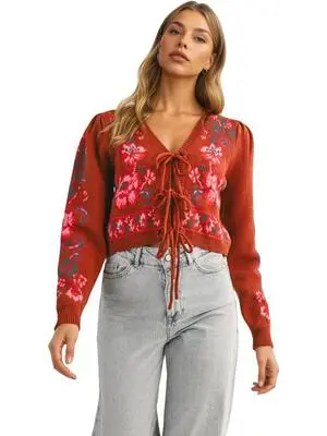 KNIT & LOUNGE Floral Knit Tie-front Cardigan - Rust/pink Floral