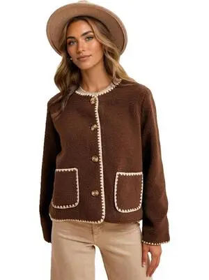KNIT & LOUNGE Button-front Fleece Jacket With Contrast Trim - Brown