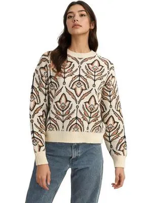 KNIT & LOUNGE Crew Neck Abstract Floral Sweater - Cream /brown /black