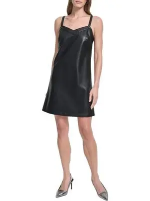 Dkny Sleeveless V-neck Faux Leather Shift Dress - Black