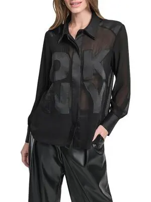 Dkny Chiffon Logo Sheer Button-up Shirt - Black