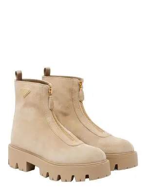 Prada Suede Platform Ankle Boots - Beige