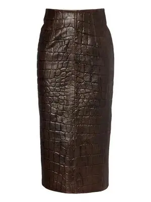 EMILIA WICKSTEAD Loretta Croc-effect Leather Pencil Skirt - Brown