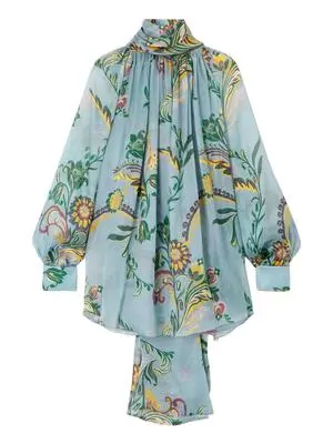 Etro Floral-print Silk-organza Blouse With Scarf Detailing - Blue