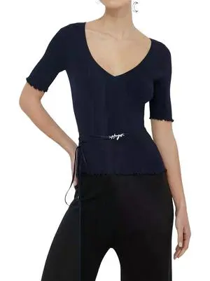 Hugo Ribbed V-neck Top - Blue