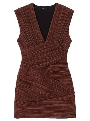 Maje Pleated Woven Mini Dress - Brown