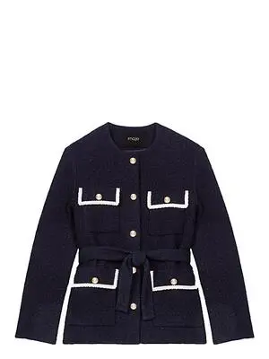 Maje Belted Patch-pocket Stretch-tweed Jacket - Navy