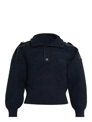 Burberry Wool Half-placket Sweater With Leather Epaulettes - Asphalt