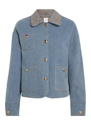 Sandro Denim Jacket With Check Trim - Blue