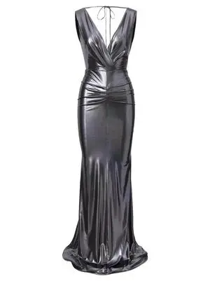 LITA COUTURE Roche V-neck Maxi Dress - Silver