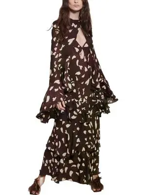 Johanna Ortiz Printed Ruffled Silk Coat - Brown