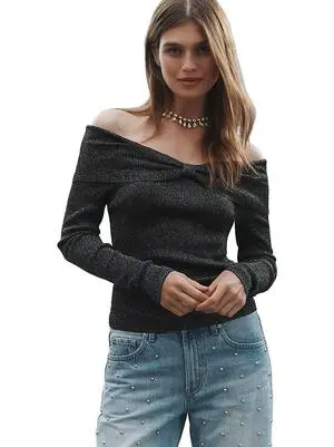 Central Park West Off-shoulder Ribbed Lurex Pullover Sweater - Black Metallic