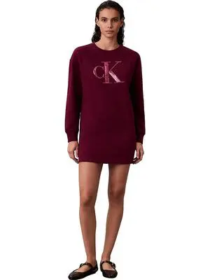 Calvin Klein Cotton Blend Fleece Mini Sweatshirt Dress - Berry Glaze