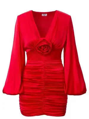 LITA COUTURE V-neck Mini Dress With Rose Detail - Red