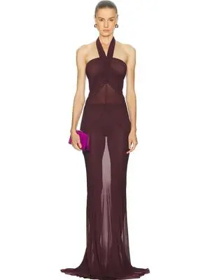 Atlein Halter Neck Ruched Gown - Burgundy