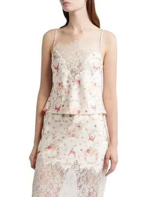 LoveShackFancy Constantina Floral Print Lace Satin Camisole - Ecru Gardenia