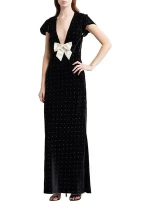 LoveShackFancy Melora Rhinestone Bow Velvet Maxi Dress - Black