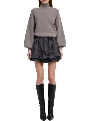 EN SAISON Florentina Long Sleeve Mixed Media Minidress - Gray