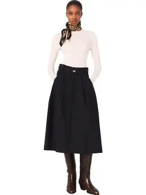 Maje Long Cotton Skirt With Logo Belt - Navy