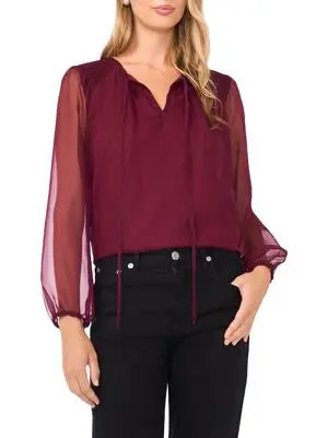 Vince Camuto Sheer Sleeve Tie Neck Top - Boysenberry