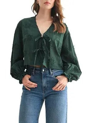 ALL IN FAVOR Flower Appliqué Tie-front Cotton Top - Hunter Green