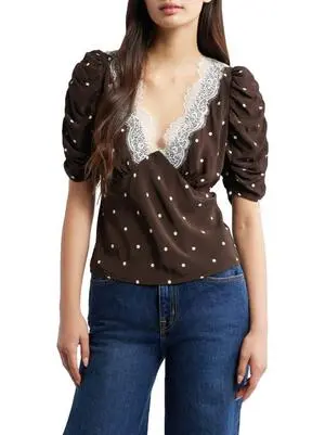Rails Lazara Polka Dot Top With Lace Trim - Cocoa Polka Dots