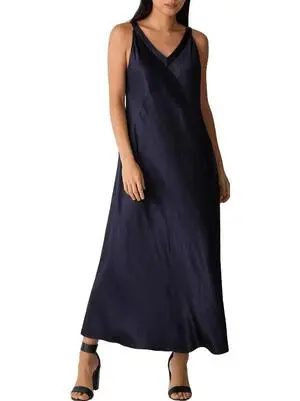 Eileen Fisher V-neck Crinkled Satin Midi Dress - Ink