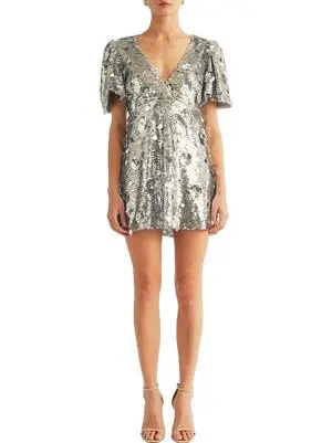 AROSE STUDIO Luna Sequin Puff Sleeve Mini Dress - Silver Sequin