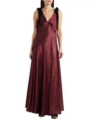 LUCY PARIS Holly Velvet Tie Satin Gown - Burgundy