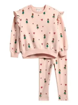 MILES THE LABEL Hula Print Ruffle Sweatshirt & Leggings Set - Light Pink
