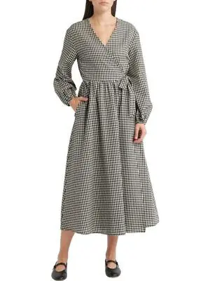 FRNCH ANEMONE Gingham Long Sleeve Seersucker Wrap Dress