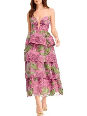 Dress The Population Floral Strapless Tiered Gown - Bright Fuchsia Multi