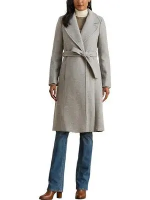 Ralph Lauren Longline Wrap Coat - Grey/cream Herringbone