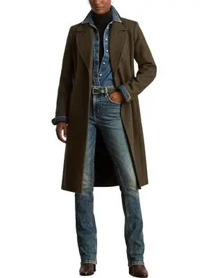 Ralph Lauren Longline Wrap Coat - Loden Brown Herringbone