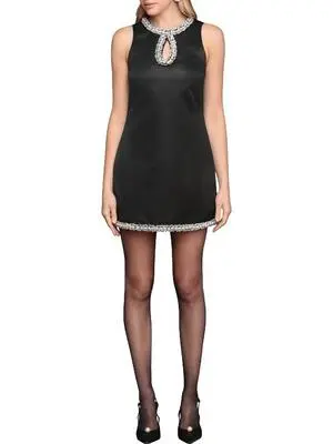 Avec Les Filles Embellished Neck & Hem Satin Mini Dress - Black