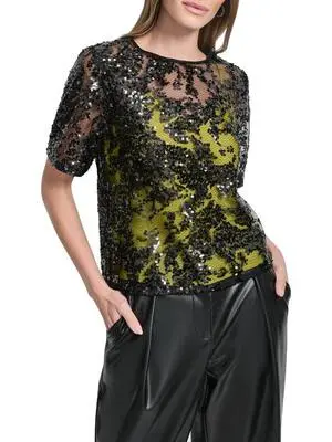 Dkny Sequin Overlay Boxy Top - Black/citronella