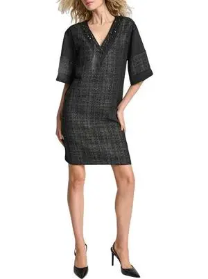 Dkny Embellished Neck Mixed Media Shift Dress - Black